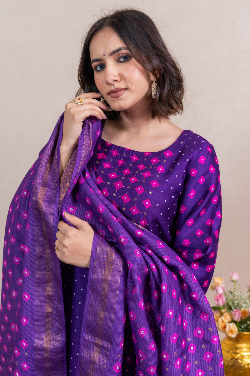 Raysham Purple Bandhani Tusser Silk Set of 3 | Ray-ethnic – Ray Ethnic