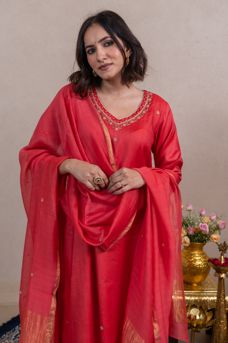 Raysham Red Embroidered Tusser Silk Set of 3 | Ray-ethnic – Ray Ethnic