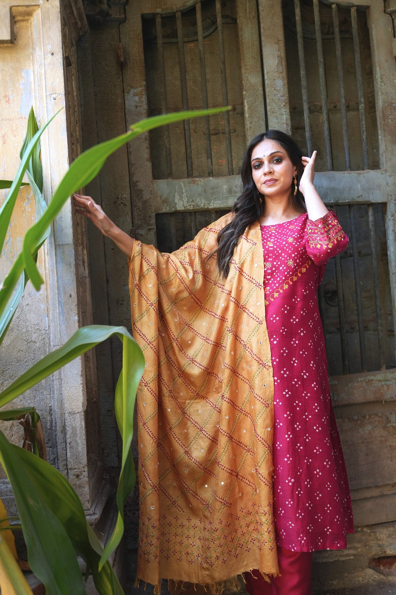 Sitara Red Thread Work Munga Silk Kurta Bottom Set | Ray-ethnic – Ray ...